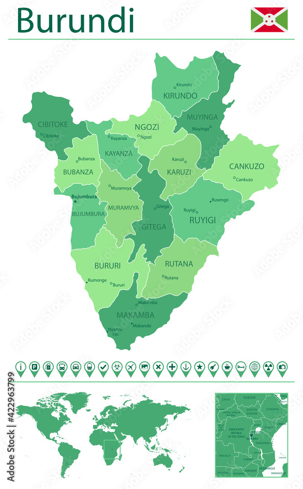 Burundi detailed map and flag. Burundi on world map. Stock Vector ...