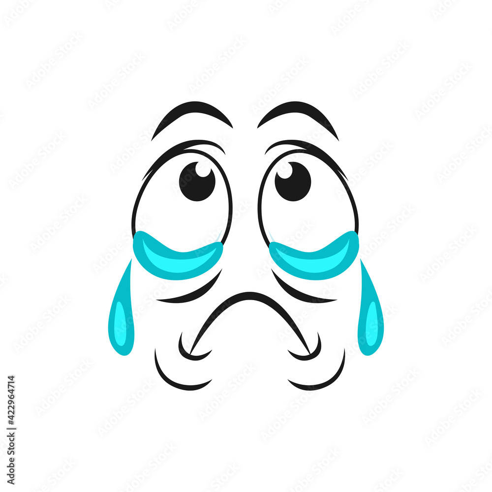 Cartoon crying face emoji with tears dripping from eyes. Upset vector ...
