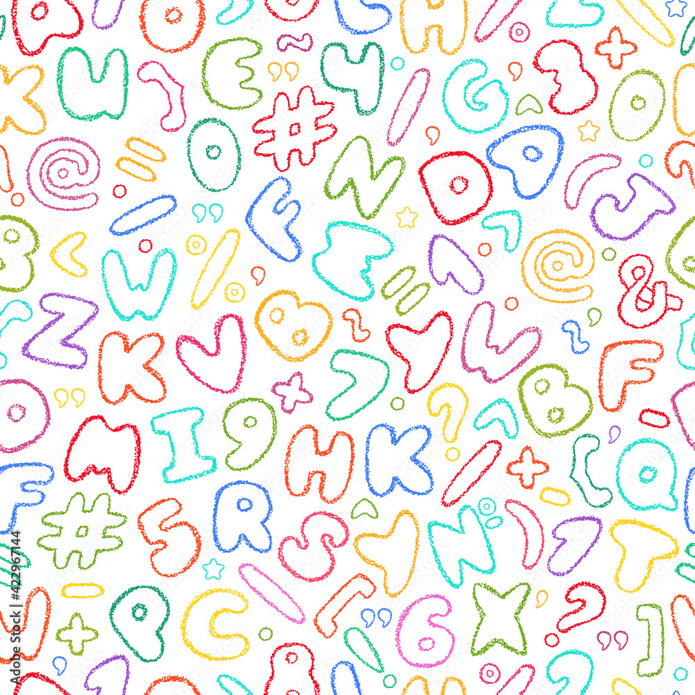 Chalk font pattern. Crayons alphabet print. Hand drawn wax crayons font ...