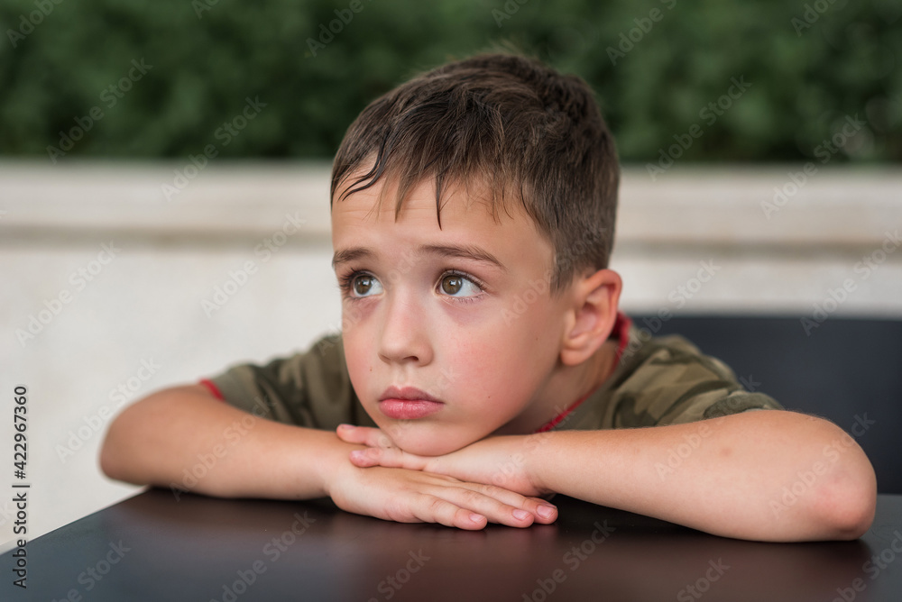 A 6 year old Boy In A T shirt With An Army Print Sits At A Table With a-6-year-old-boy-in-a-t-shirt-with-an-army-print-sits-at-a-table-with