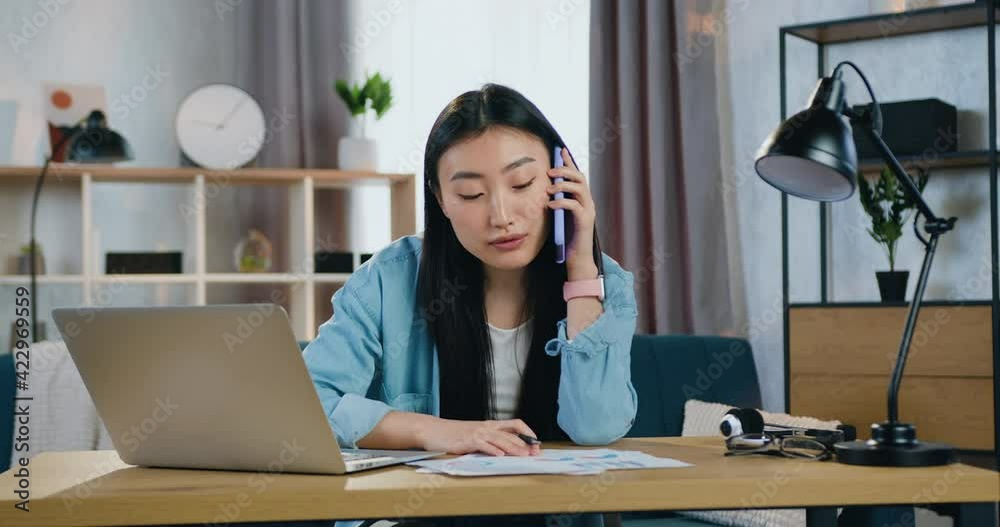 Portrait of lovely positive modern smart asian girl which talking on ...