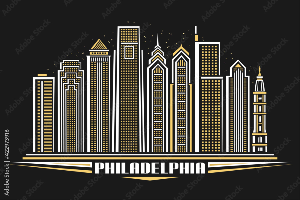 Vector illustration of Philadelphia, horizontal poster with line art ...