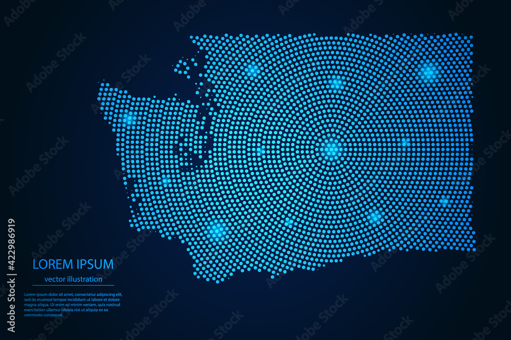 Abstract image Washington map from point blue and glowing stars on a ...