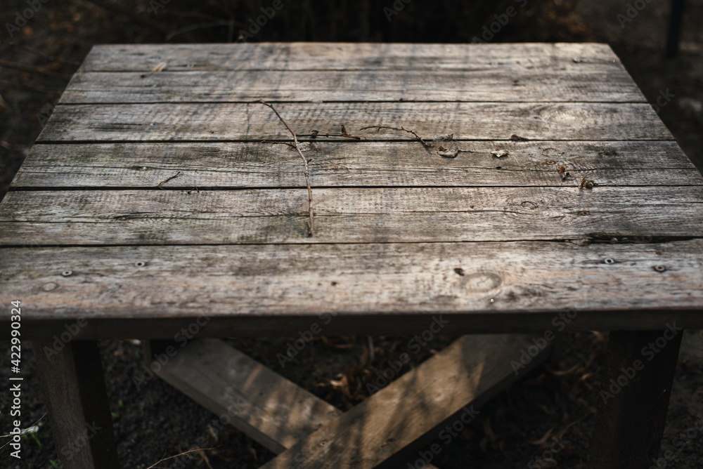 Old table in the garden. Grunge background with place for text, on a ...