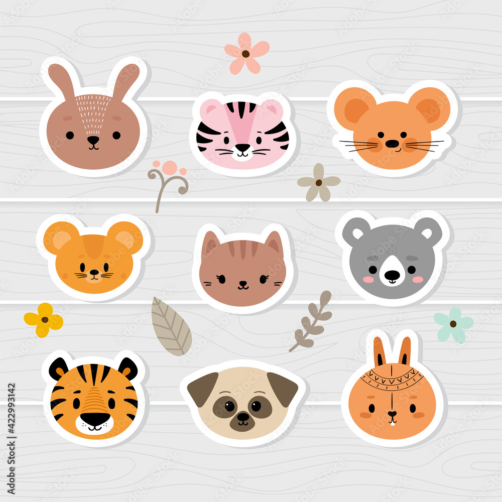 Set of cartoon stickers with animals for kids. Cute hand drawn ...
