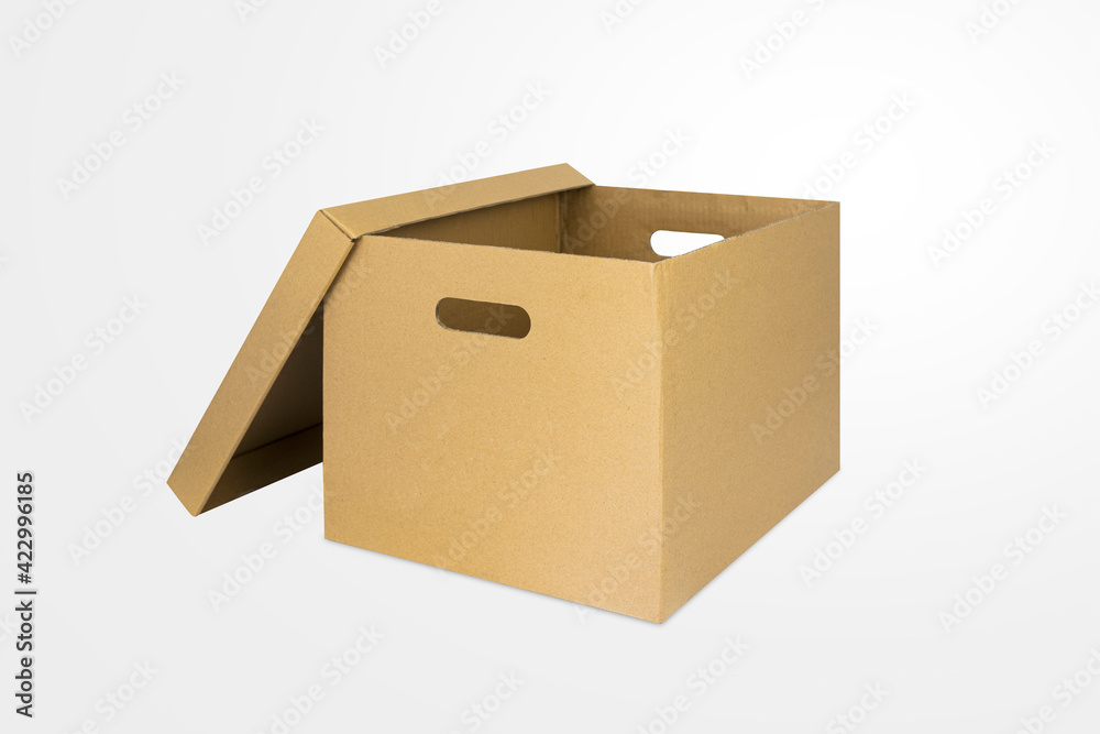 a closed paper box with a lying flap from the side front point of view ...
