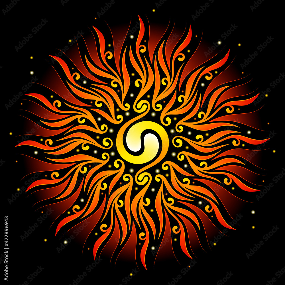 Sacred spiritual symbol of fire sun and life. Psychedelic mandala in ...