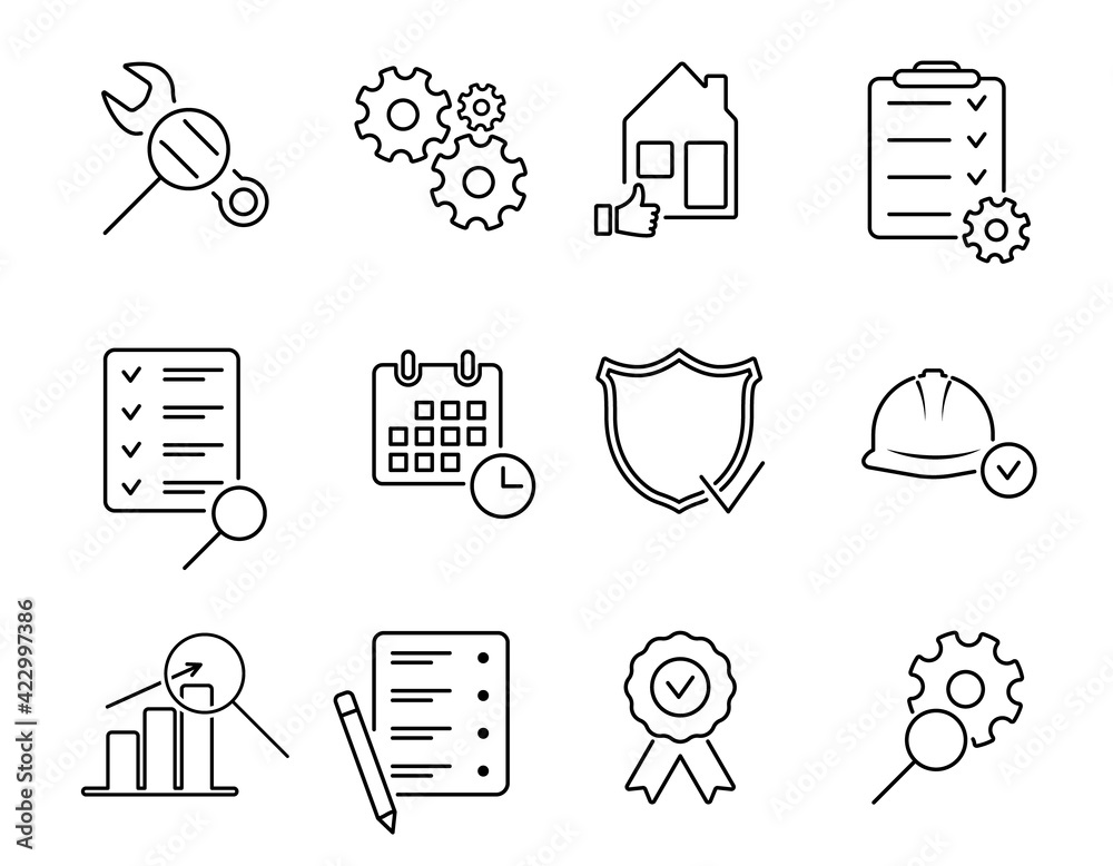 Inspection line icon set. Thin line icons for quality control, check ...