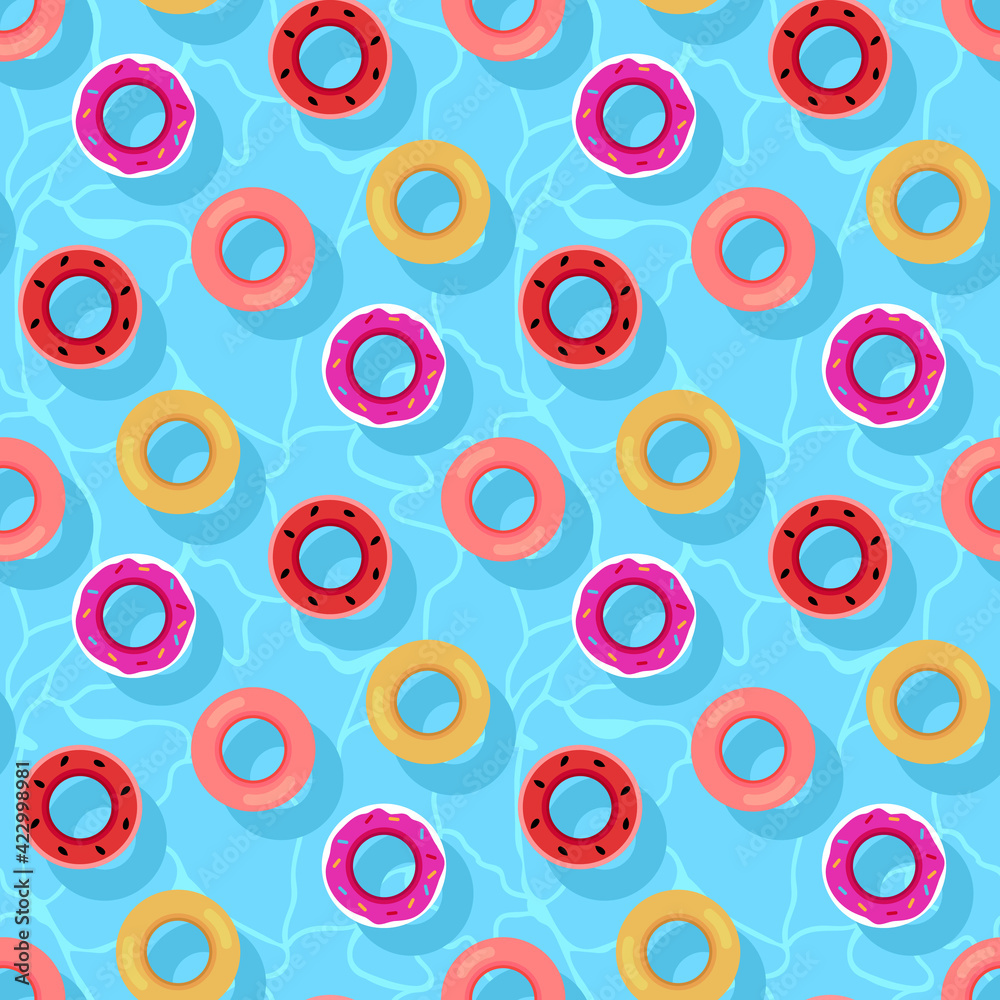 Summer time pattern. Inflatable life ring, floating buoy in wavy water ...