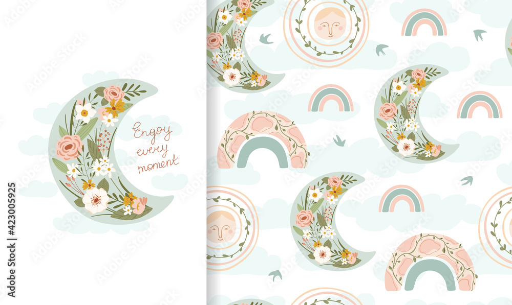 Set cute illustration and seamless pattern with rainbow, moon in ...