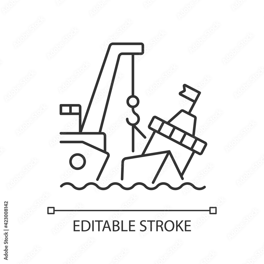 Marine salvage linear icon. Towing, re-floating. Recovery, rescuing ...