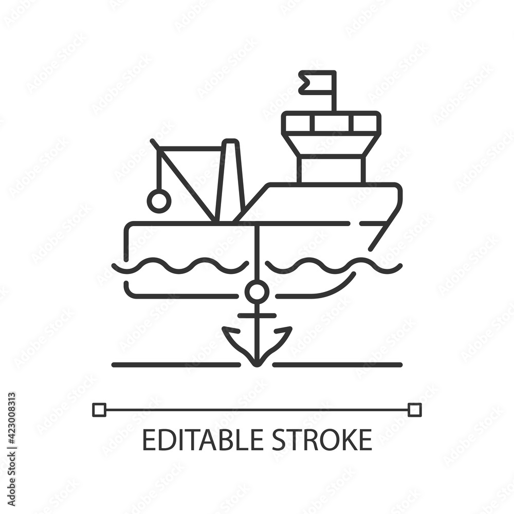 Anchored ship linear icon. Anchorage. Anchoring operation. Holding ...