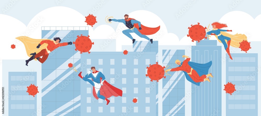 Vector cartoon flat superhero characters fight coronavirus - covid ...