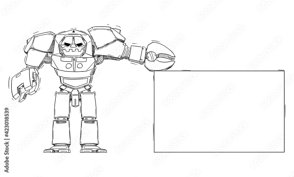 Big Robot Holding Empty Sign. Technology or Marketing Concept. Hand ...