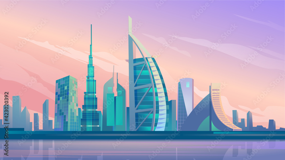 Dubai city skyscrapers landing page in flat cartoon style. UAE city ...
