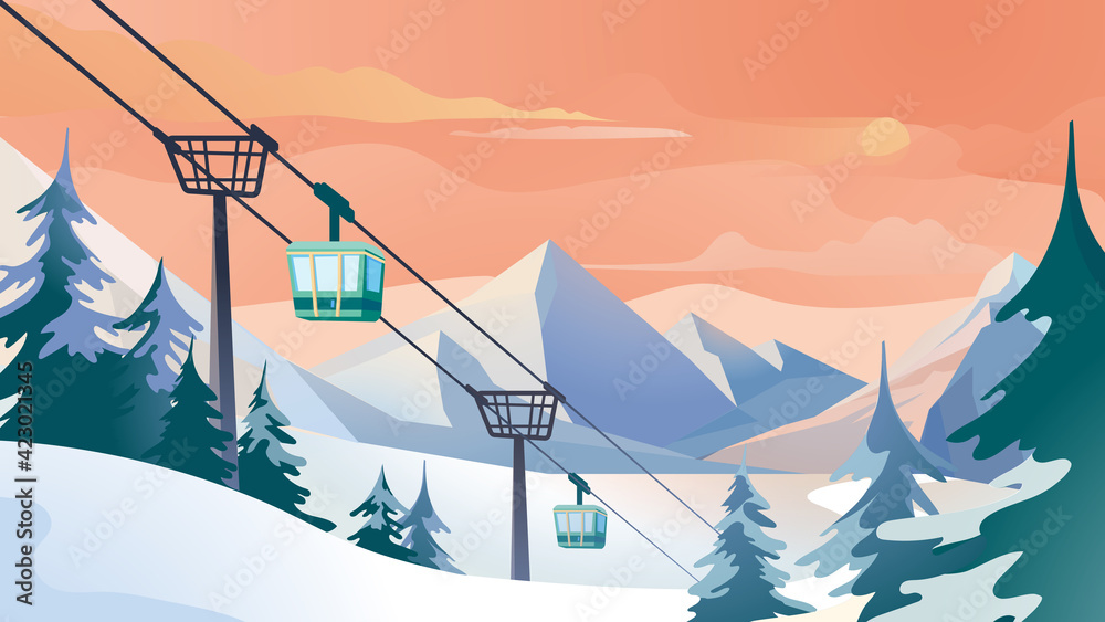Cableway in the mountains landing page in flat cartoon style. Funicular ...