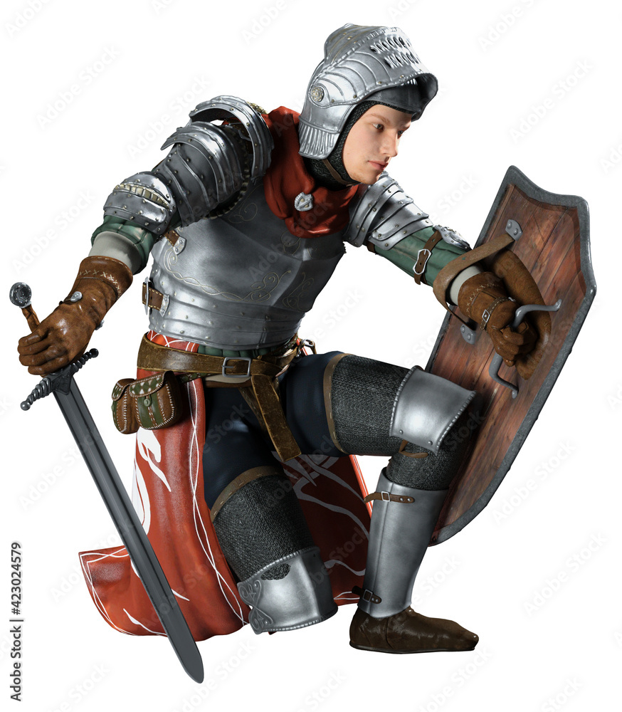 Kneeling Knight with Sword, Shield and Armor Stock Illustration | Adobe ...