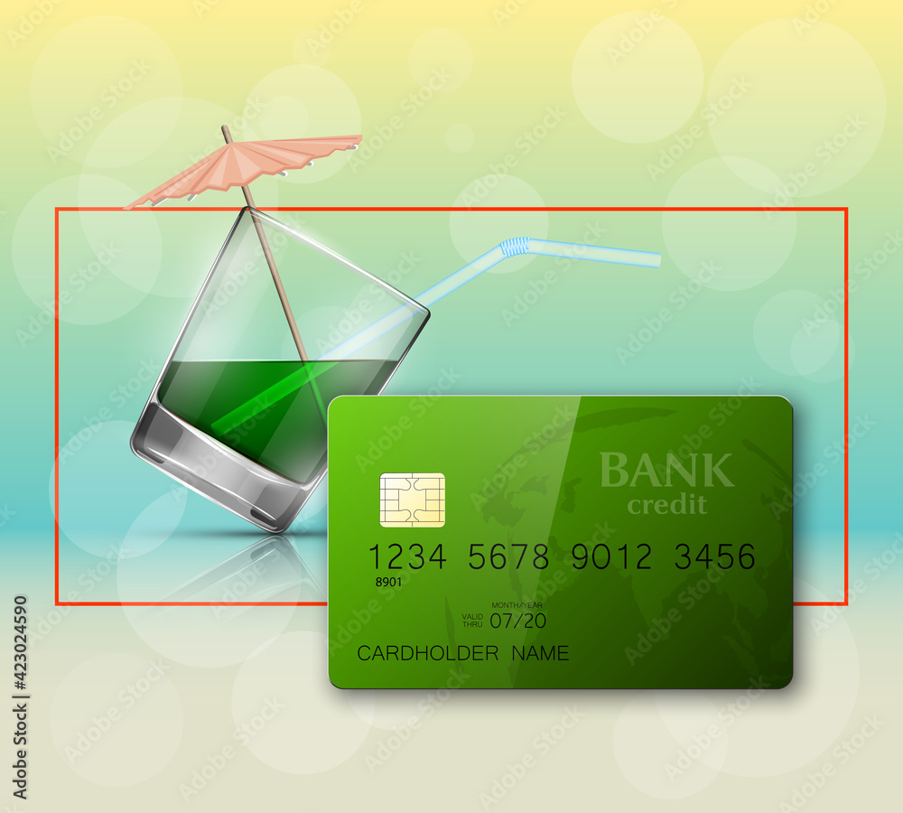 Credit card & glass cold drink alcohol straw banner. Banking card ...