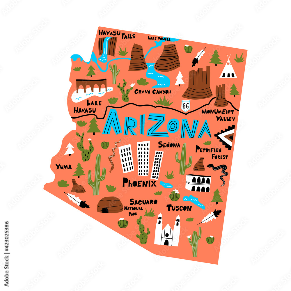 Arizona flat hand drawn vector illustration. American state map ...