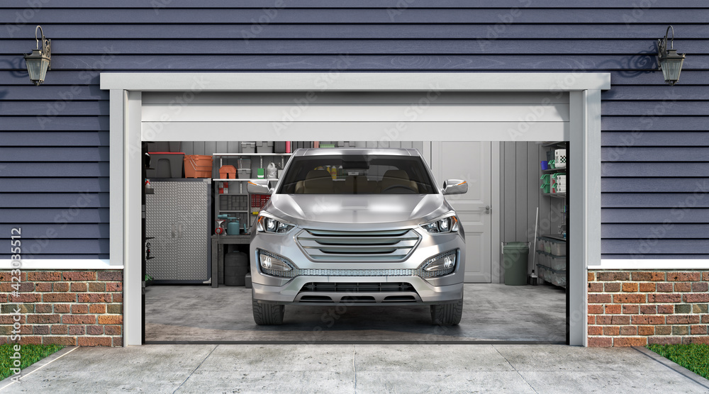 3d render of garage interior with open door and car in front 3d ...