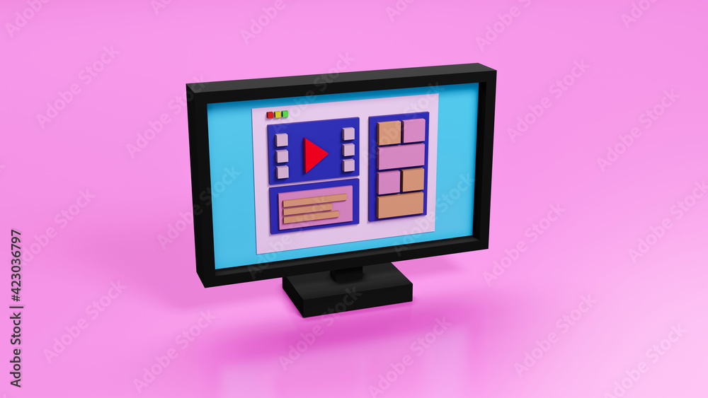 Cartoon illustration of streaming video logo on the monitor. 3d ...