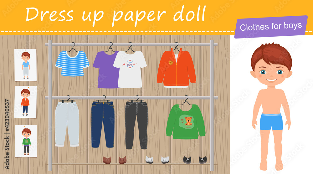 Dress up cute character. Paper doll boy template. Cartoon flat style ...