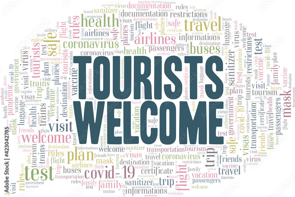 Tourists welcome vector illustration word cloud isolated on a white ...
