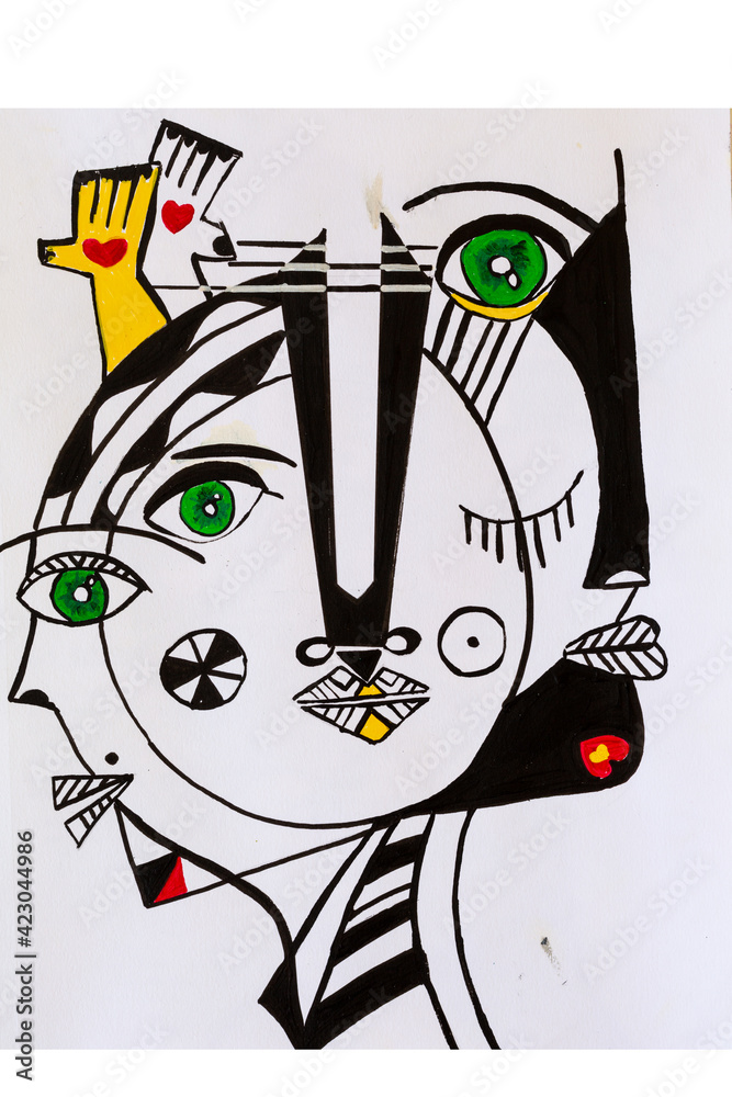 cubist painting with different faces and messages, beards, eyes, many ...