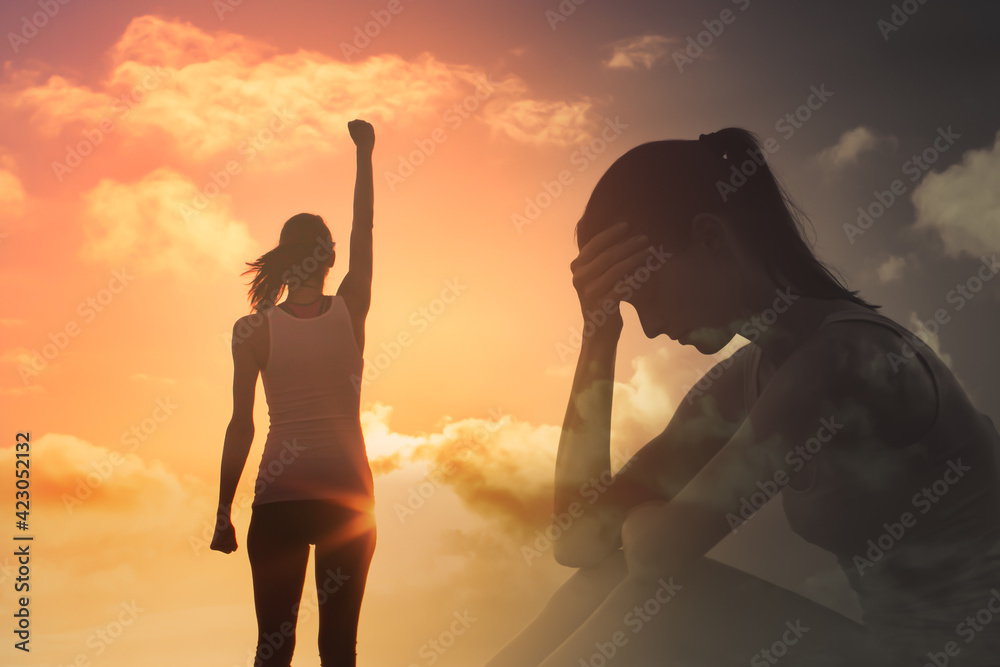 Sad woman becomes happy and free. People letting go of fears, sadness ...