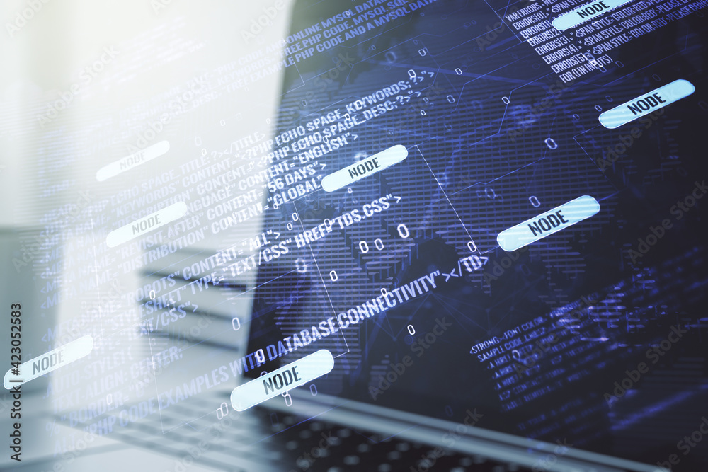 Abstract creative coding concept with world map on modern laptop ...