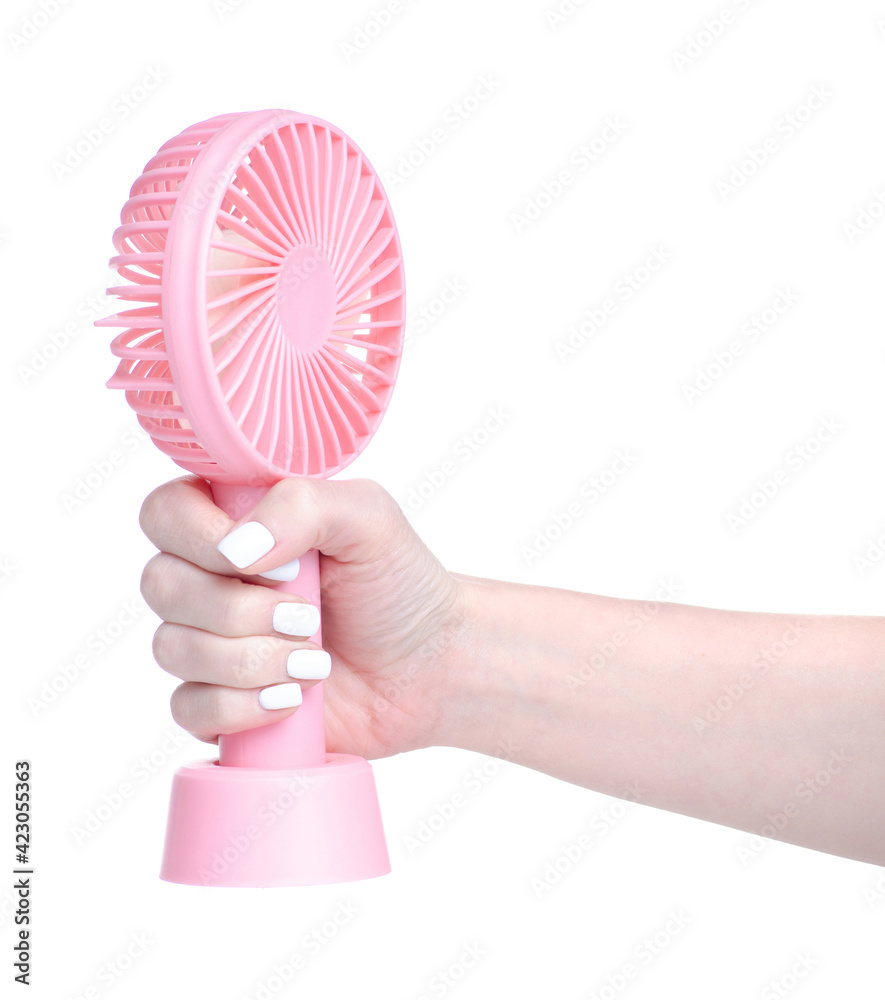 portable mini fan in hand on white background isolation Stock Photo ...