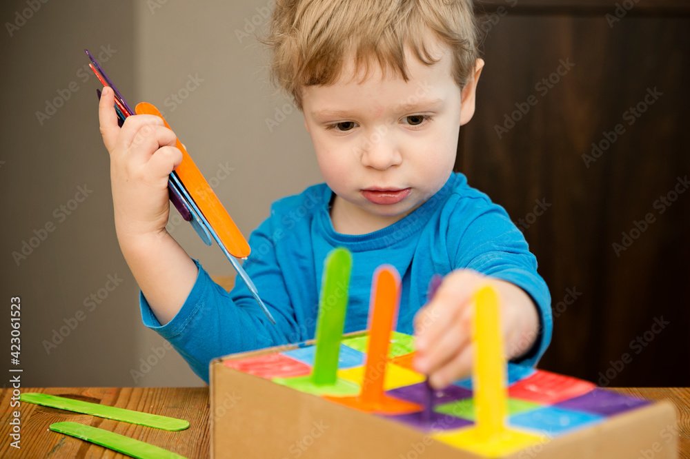 Montessori implement. Sorting by the colors. DIY at home from cardboard ...