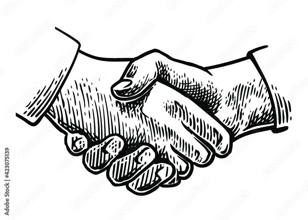 Drawing shake hands. Businessman handshake sketch engraving vector ...