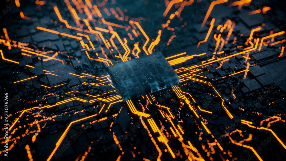 Advanced Technology Concept with Microchip. Orange Neon Data flows from ...