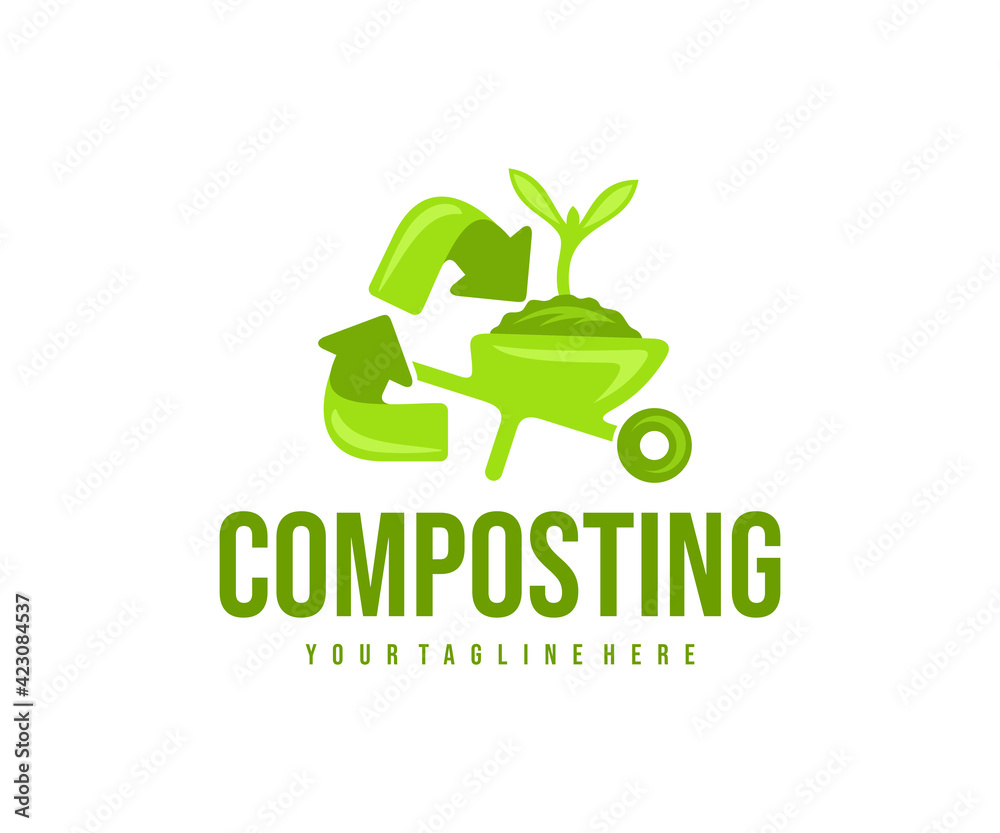 Composting, recycling, wheelbarrow with soil and sprout, logo design ...