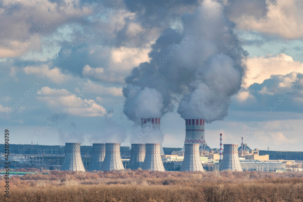 Cooling towers of Nuclear power plant emissions of steam in the air ...