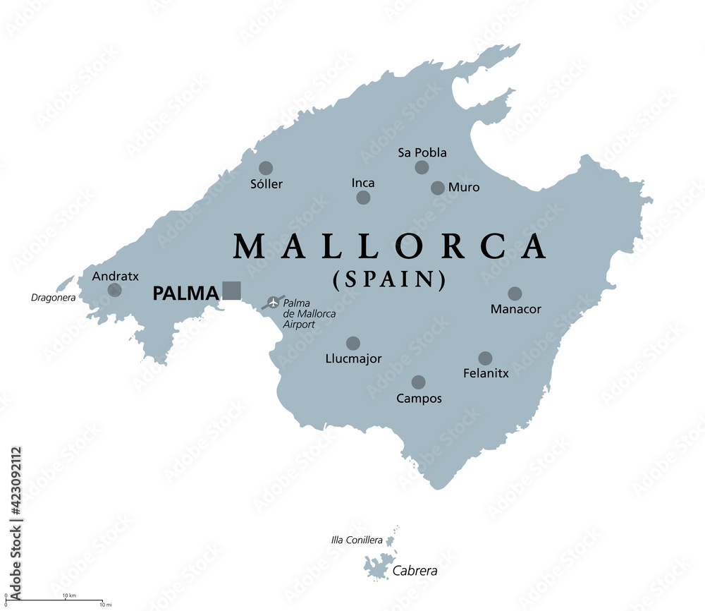Mallorca, gray political map, with capital Palma and important towns ...