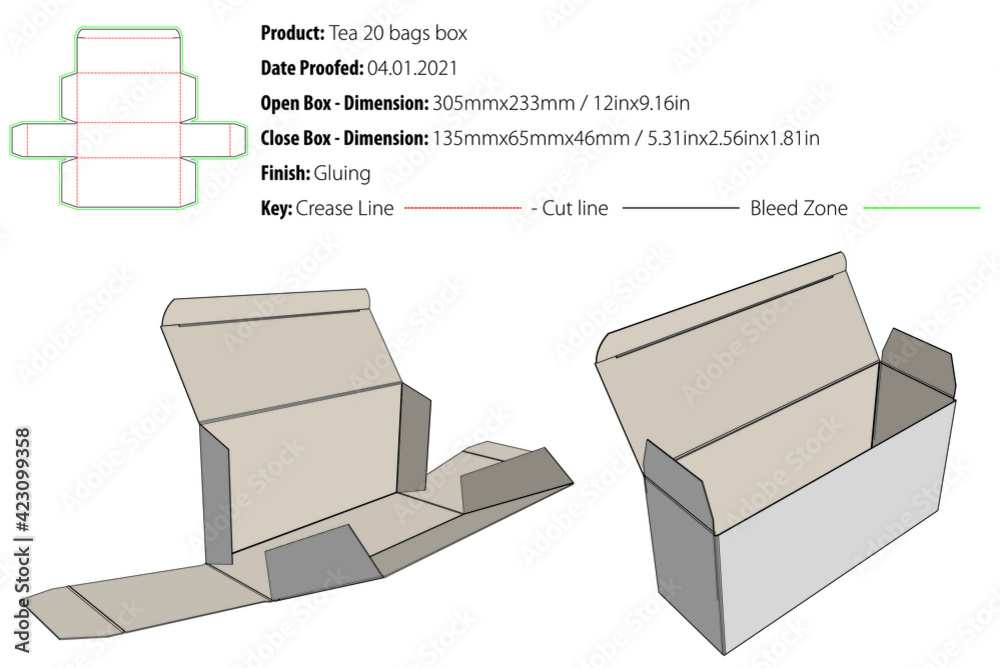 Tea box for 20 bags packaging design template gluing die cut - vector ...