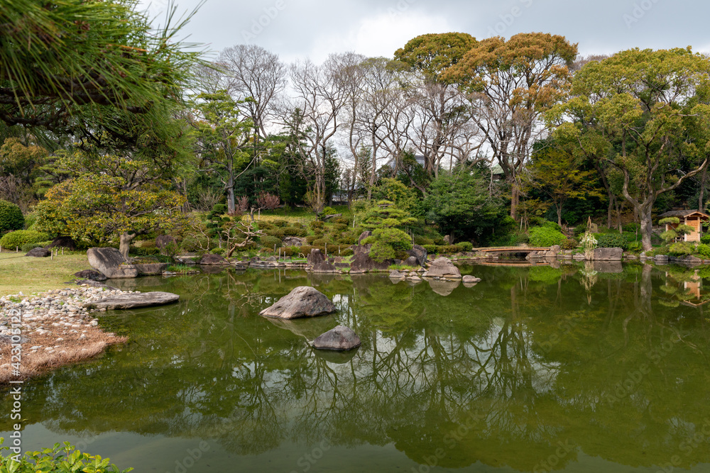 Keitakuen, pure Japanese style garden in Osaka, Japan Stock Photo ...
