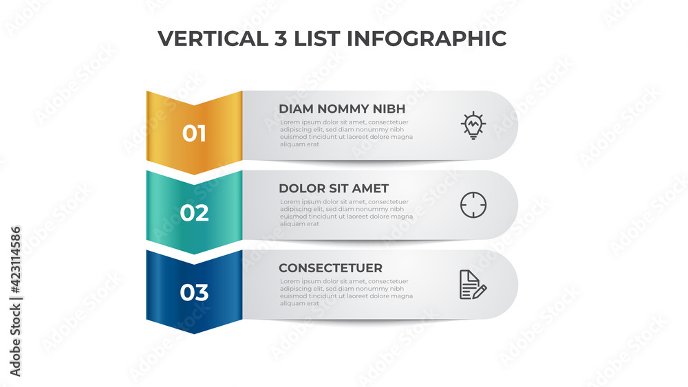 Vertical list diagram with 3 points of steps, infographic element ...