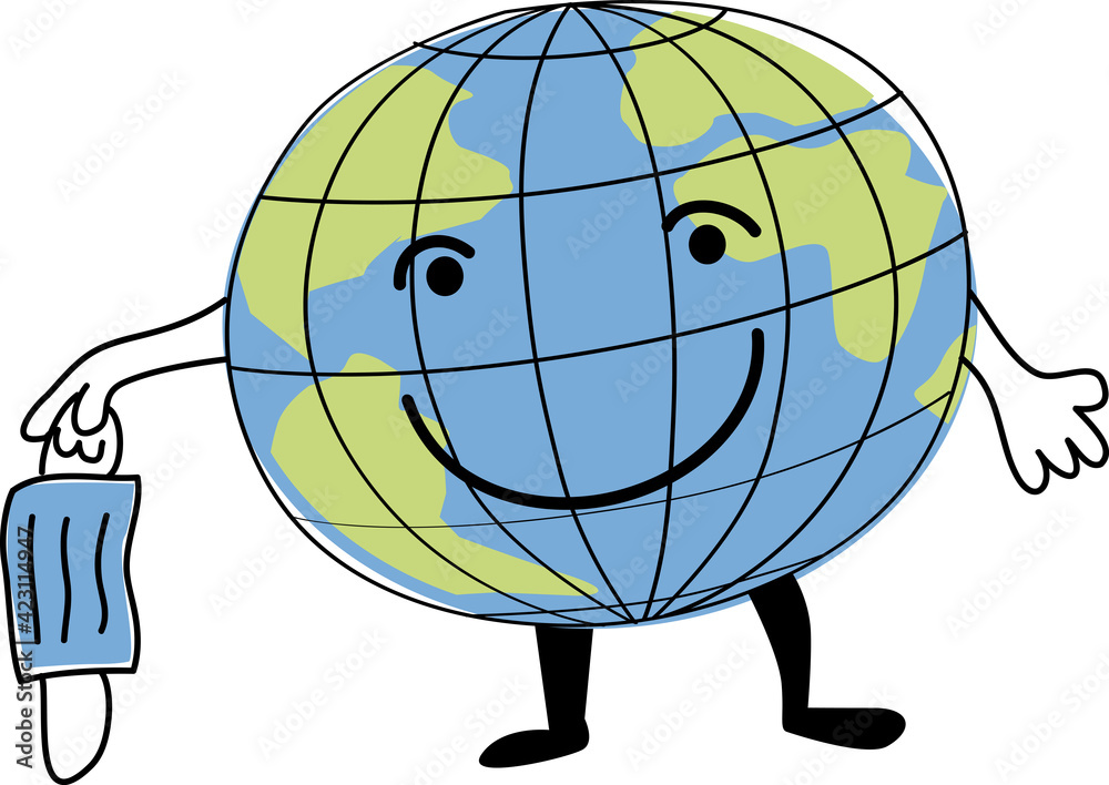 Cartoon Earth taking off a face mask as a metaphor for an end of global ...