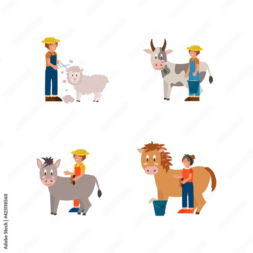 Set of farm animals breeding by humans. Stock with a farmer, a working ...