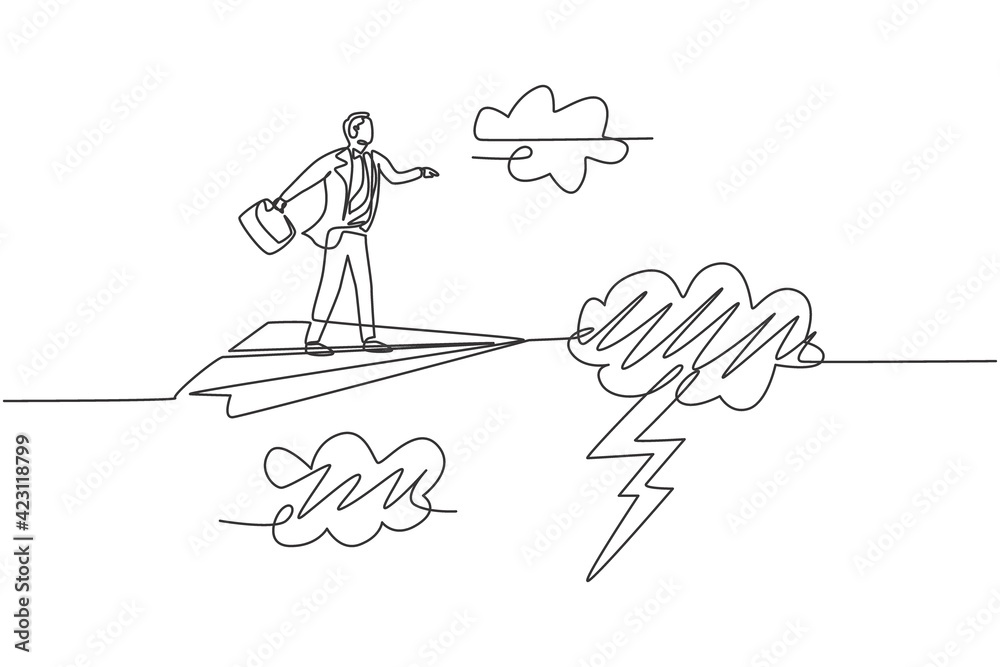 Continuous one line drawing young male worker flying with paper ...