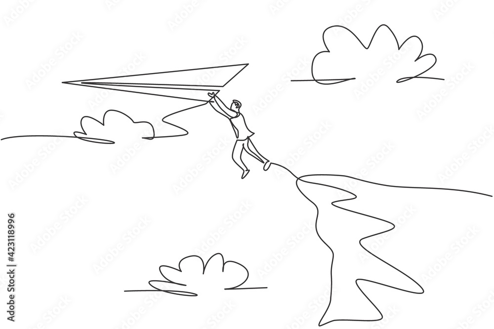 Single continuous line drawing young businessman jumping from cliff ...