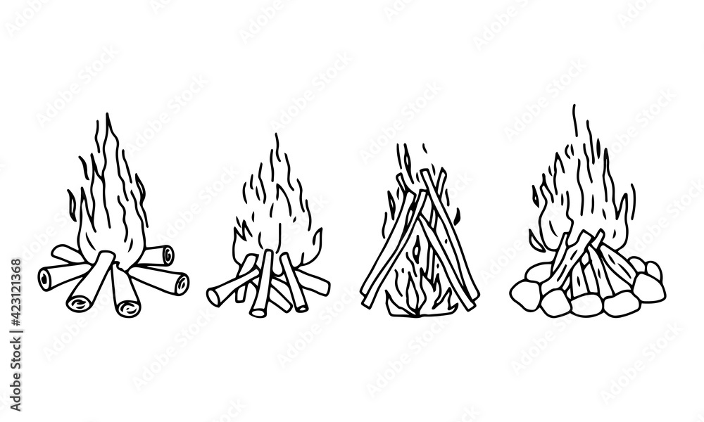 Set of different types of campfires. Hand drawn outline illustration in ...