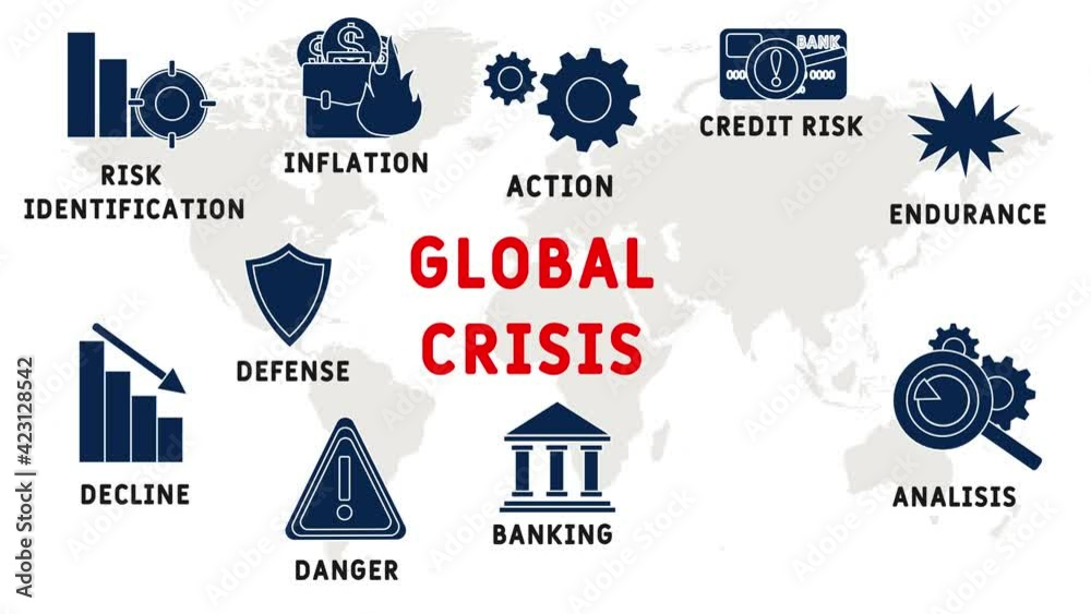 Vidéo Stock Global crisis, icons and words in a cloud motion background ...