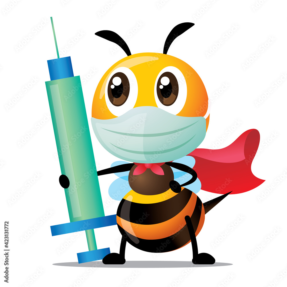 Fight the Virus with vaccination. Cartoon superhero bee wears surgical ...