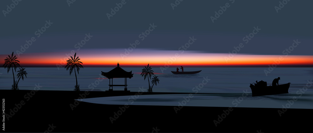 Colorful Asian sunset Balinese landmarks panoramic view, vector ...