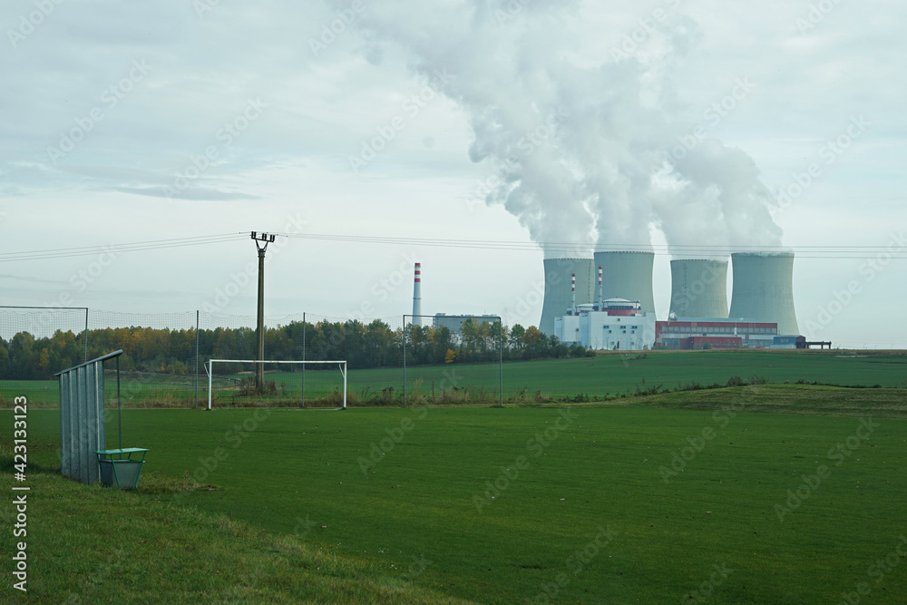 Temelin Nuclear power station plant with two atomic reactors and four ...