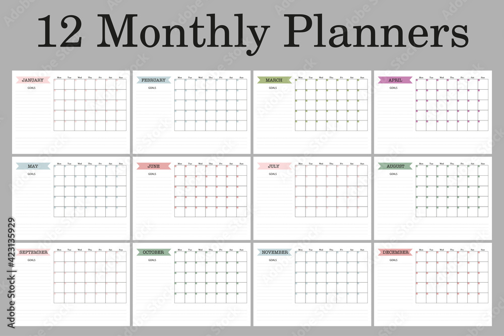 Monthly planners A4 size, set of 12 planner pages, great for dairies ...